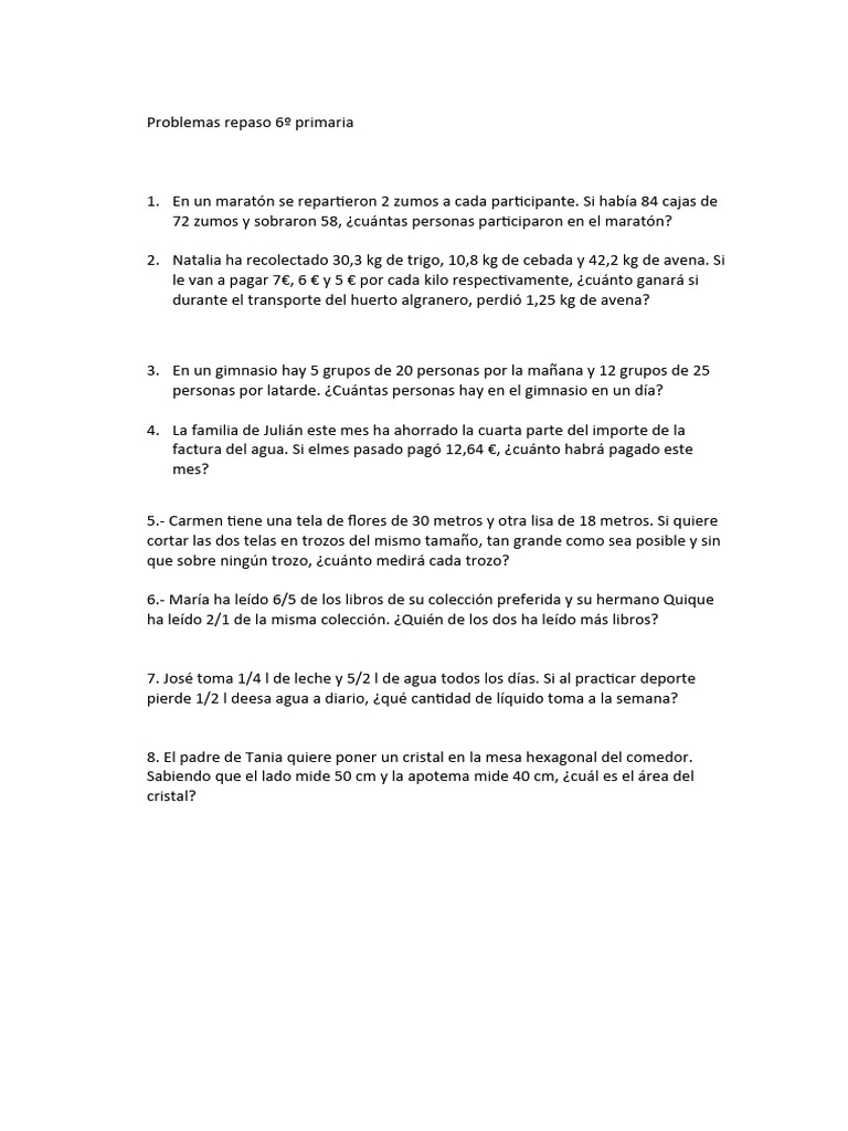 Problemas Repaso 6º Primaria | PDF | Cocina, comidas y vino