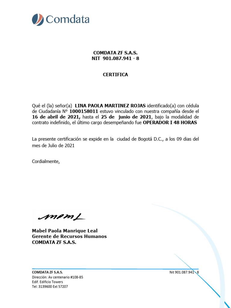 Certificado Laboral Comdata | PDF