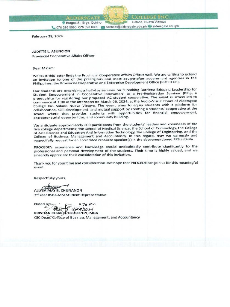 28 February 2024 Letter To Juditte L. Asuncion | PDF