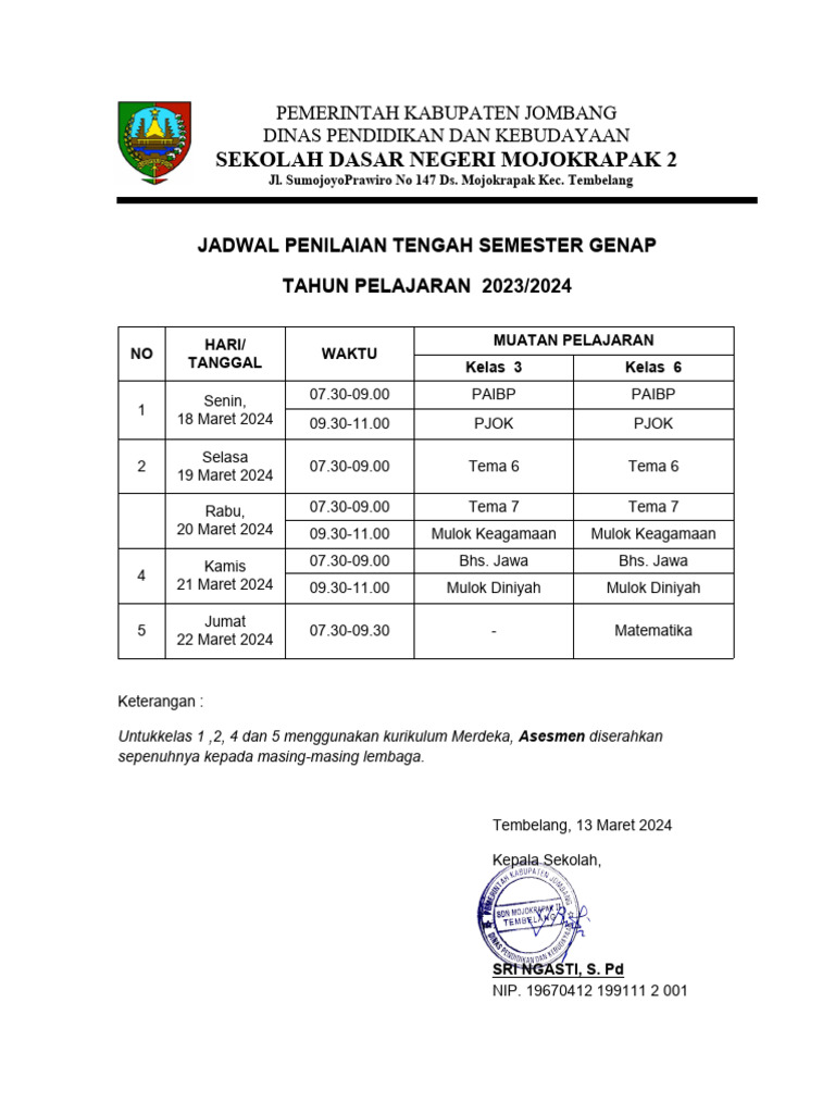 Jadwal Pts Genap 2023-2024 | PDF
