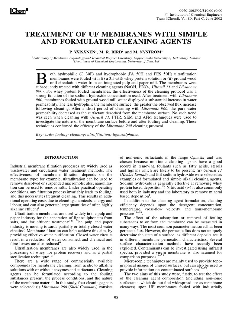 Treatment of Uf Membranes With Simple and Formulated Cleaning Agents | PDF | Membrane | Atomic ...