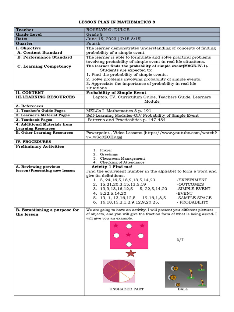Lesson Plan in Mathematics 1 | PDF | Odds | Probability