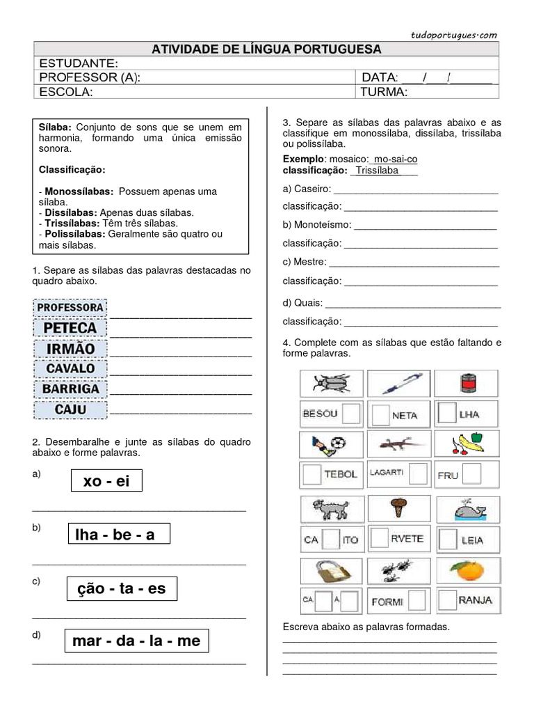 Separacao De Silabas Tudo Portugues Pdf Sílaba Linguística
