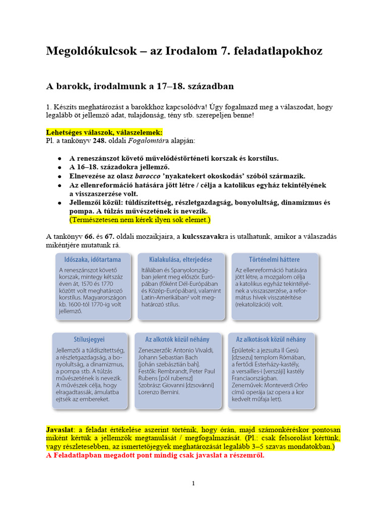 Irodalom 7. Feladatlap - A Barokk, Irodalmunk A 17-18. Században | PDF