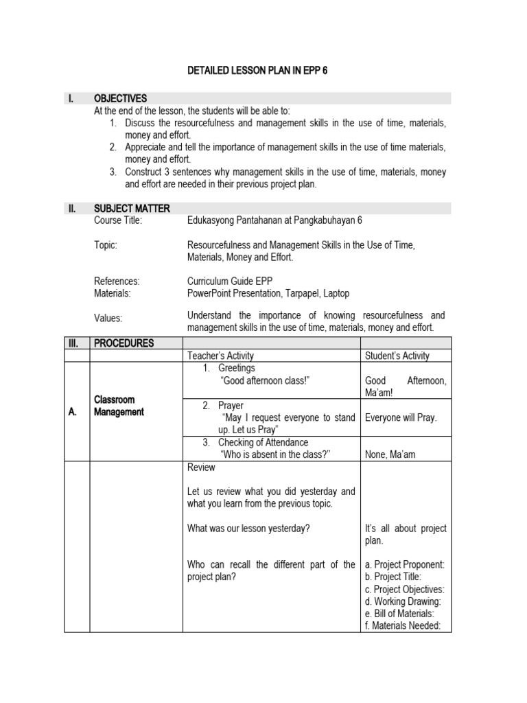 Detailed Lesson Plan in Epp 6-2nd Day | PDF | Goal | Lesson Plan