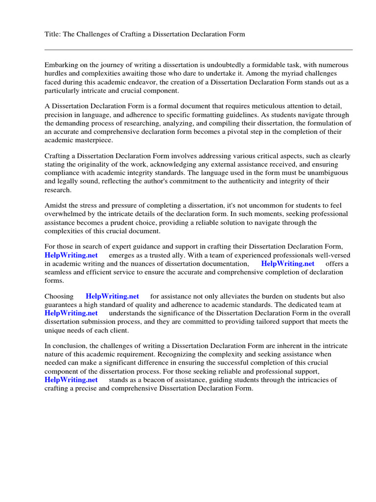 Dissertation Declaration Form | PDF | Thesis | Essays