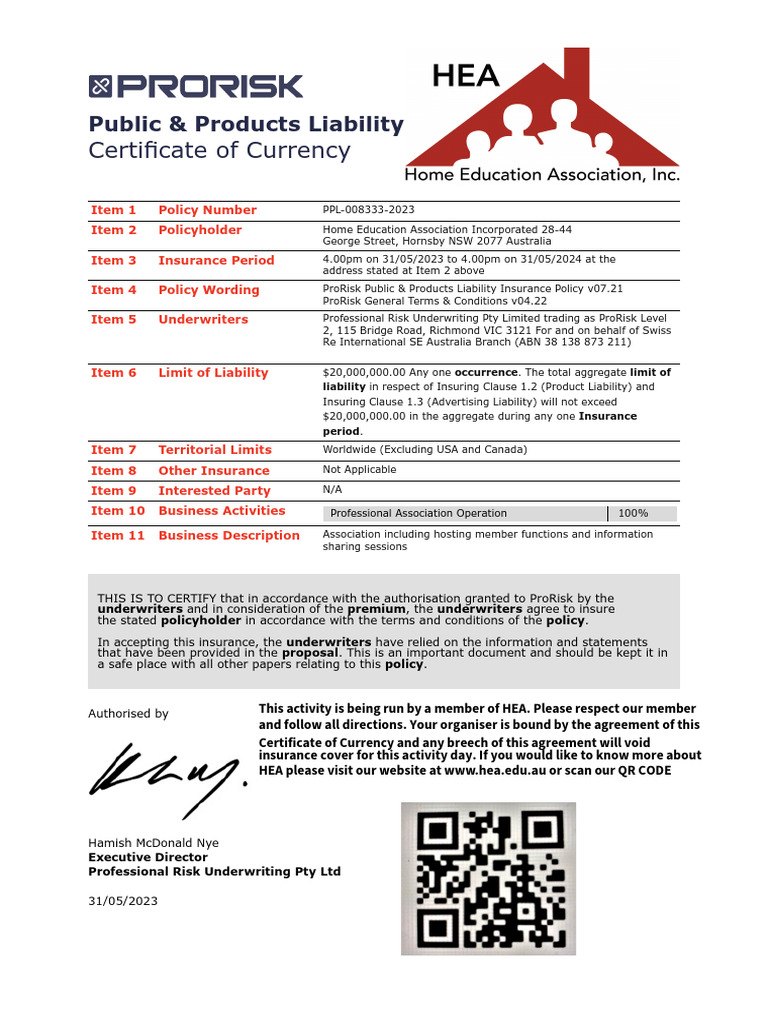 hea logo and certificate of currency 2024 | PDF | Insurance | Liability ...