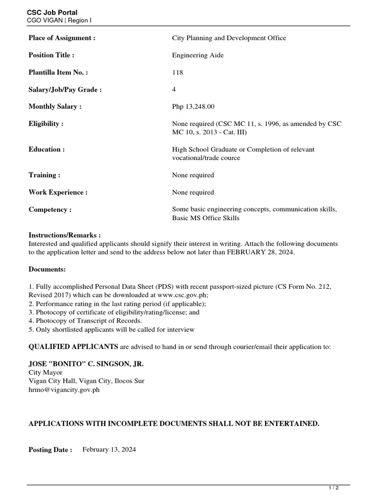 CGO VIGAN-Engineering Aide | PDF | Finance & Money Management