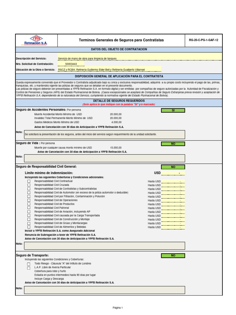 Requisitos de Seguros para Contratistas YPFB | PDF | Póliza de seguros | Seguro