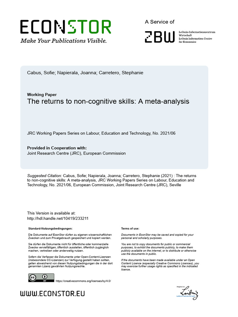 The Returns To Non-Cognitive Skills: A Meta-Analysis: Cabus, Sofie Napierala, Joanna Carretero ...