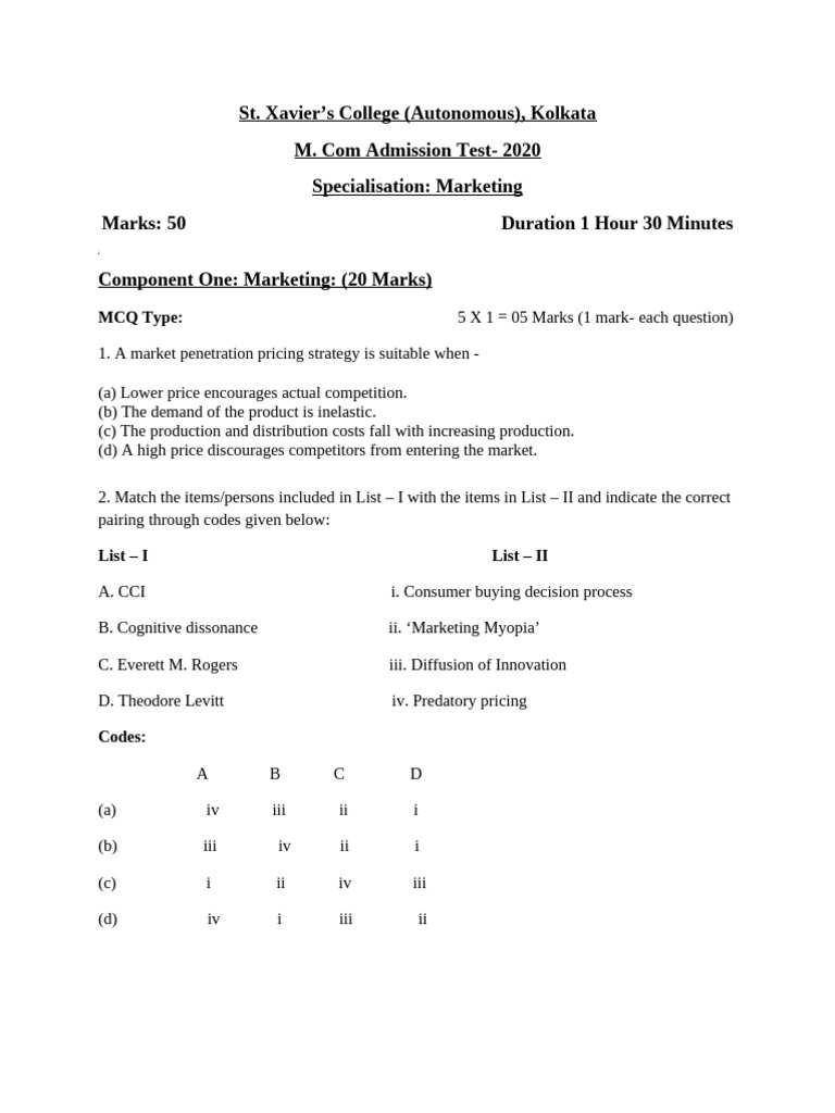 M. Com Marketing Admission Test 2020 | PDF | Adverb