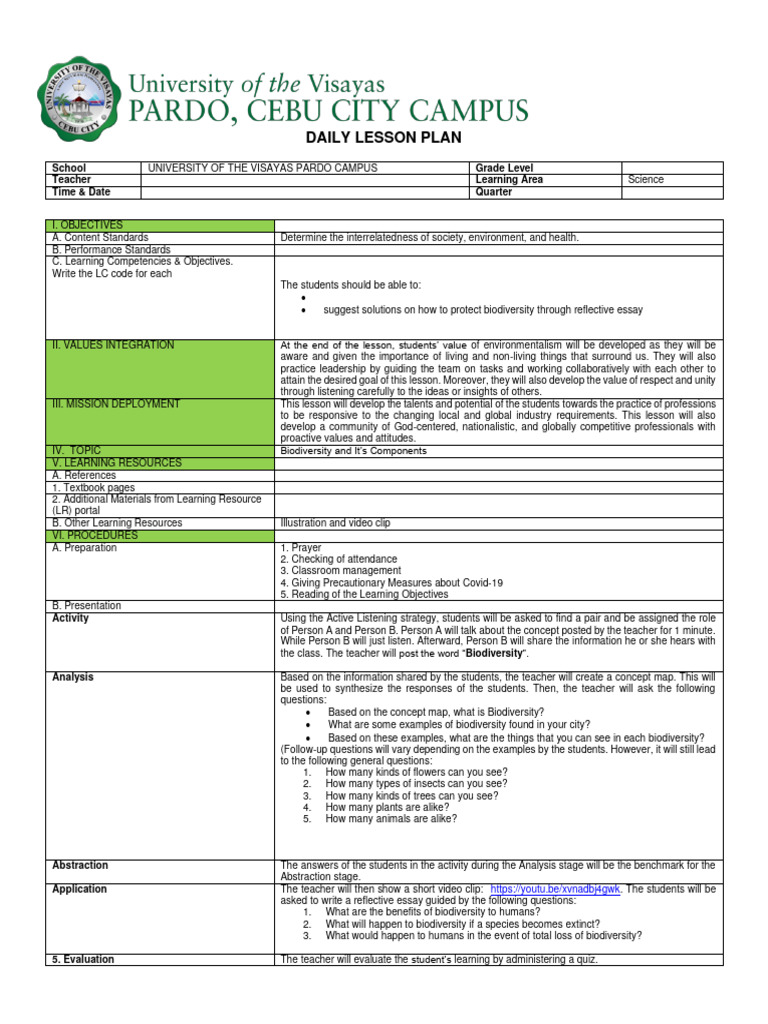 LESSON PLAN Edited JUGUILON GRACE M. | PDF | Lesson Plan | Biodiversity