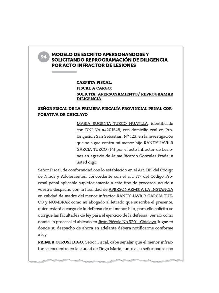 Modelo de Escrito Apersonandose Y Solicitando Reprogramación de Diligencia Por Acto Infractor de ...