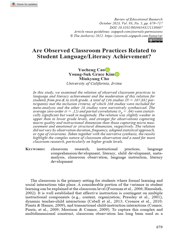 Classroom Practices and Literacy Outcomes | PDF | Effect Size | Meta ...