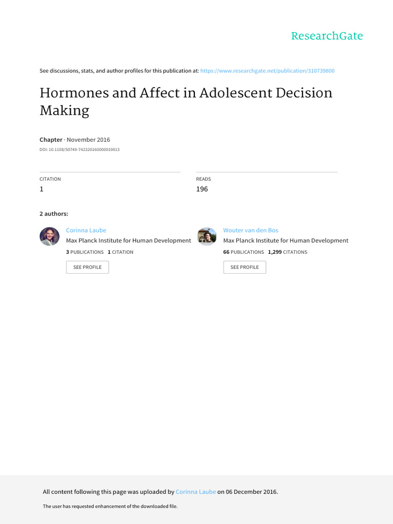 Hormones and Affect in Adolescent Decision Making: November 2016 | PDF ...
