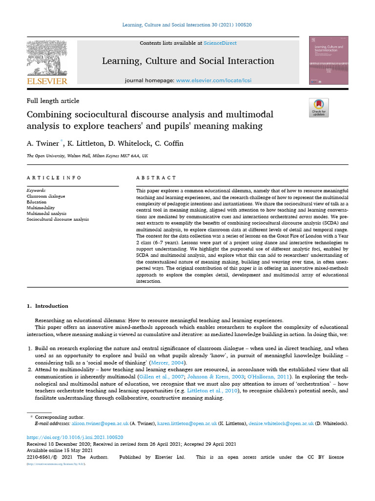 Combining Sociocultural Discourse Analysis and Multimodal Analysis To ... Combining Sociocultural Discourse Analysis and Multimodal Analysis To ...
