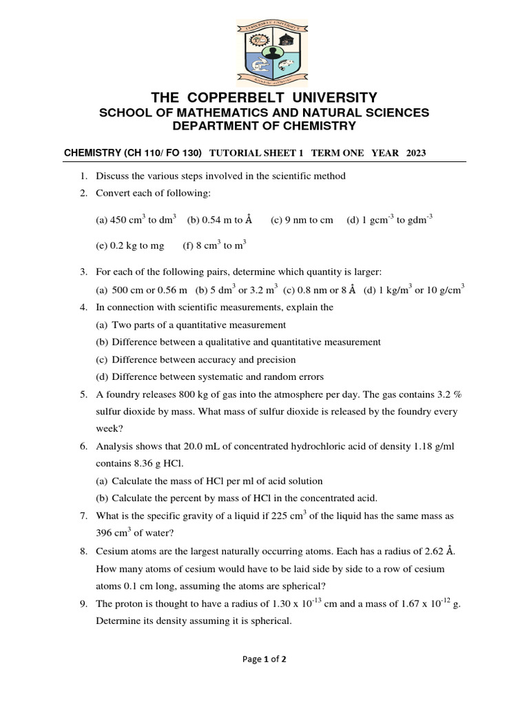 CH 110 - Tutorial Sheet 1 (Introduction To Chem) - FM 2023 | PDF | Atoms | Spectrometer