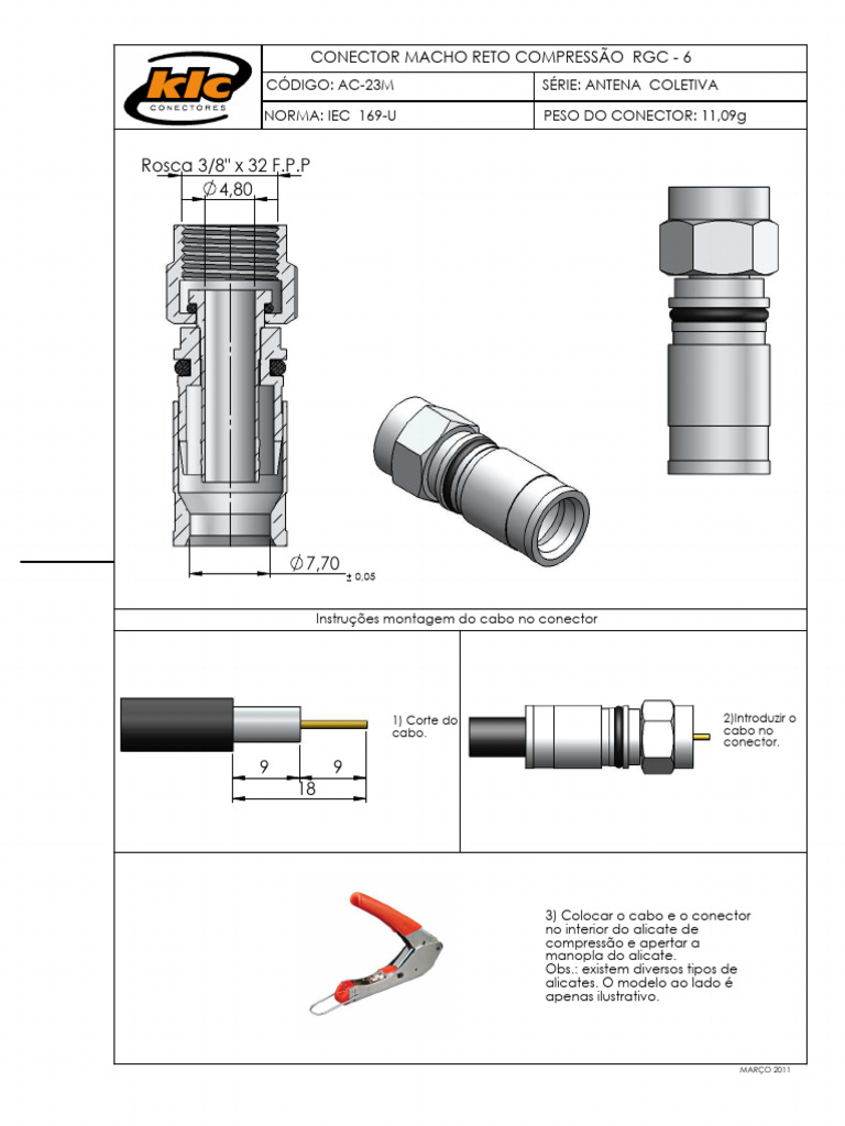 Conector F Macho Reto Cabo RG-6 Compressao | PDF