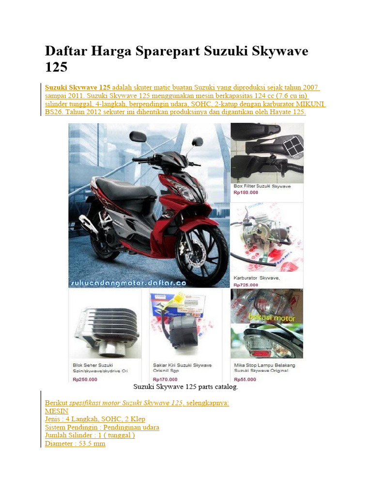 Daftar Harga Sparepart Suzuki Skywave 125 | PDF