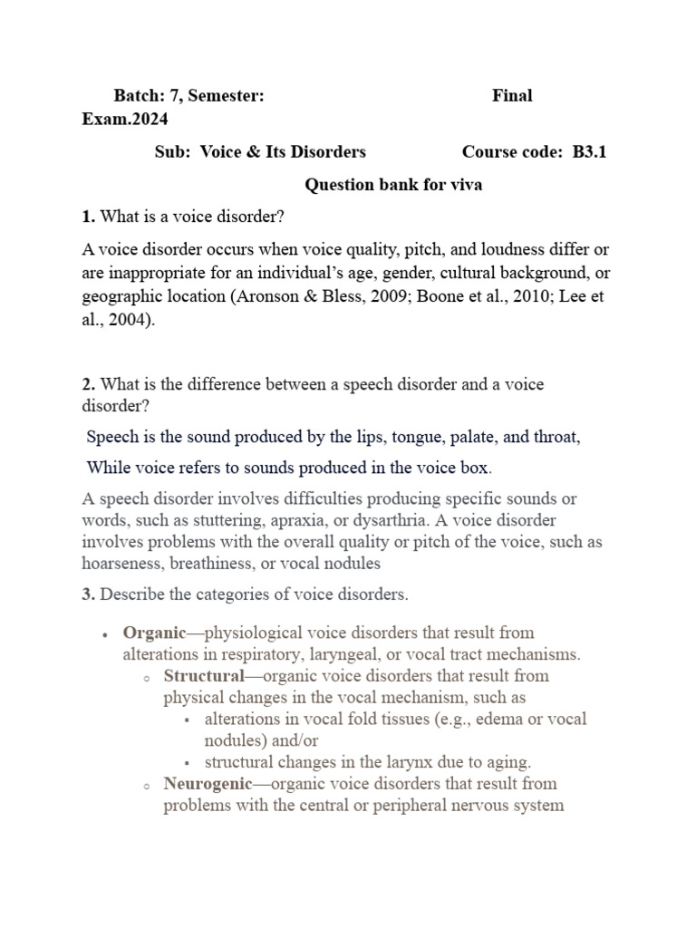 Viva Ques. For Voice Disorders | PDF | Human Voice | Thorax