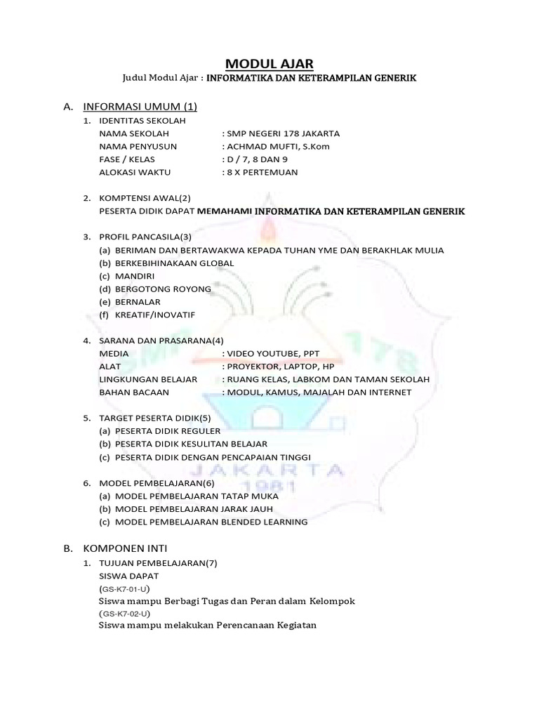 Modul Ajar Judul Modul Ajar Informatika Dan Keterampilan Generik | PDF | Komputer