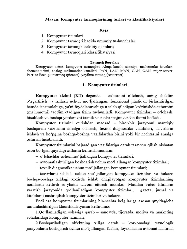 Kompyuter Tarmoqlarining Turlari Va Klasifikatsiyalari | PDF