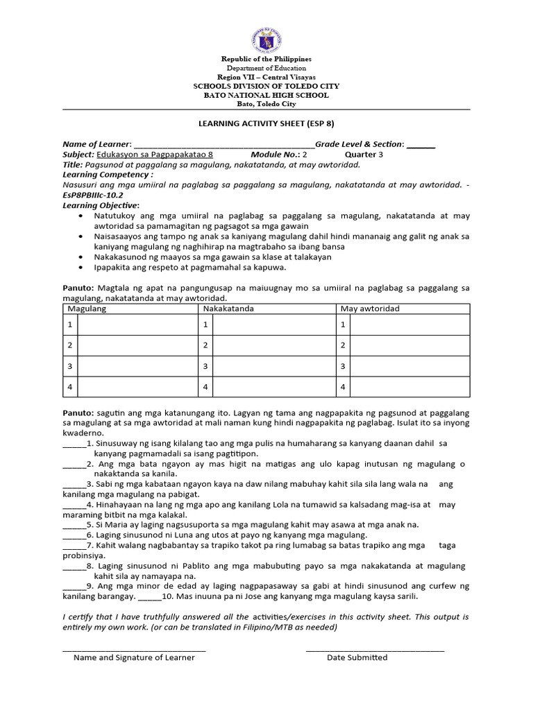 Learning Activity Sheet (Esp 8) | PDF