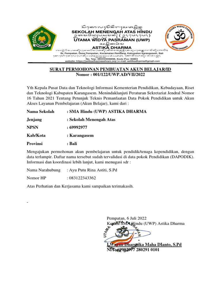 Surat Permohonan Pembuatan Akun Belajar | PDF