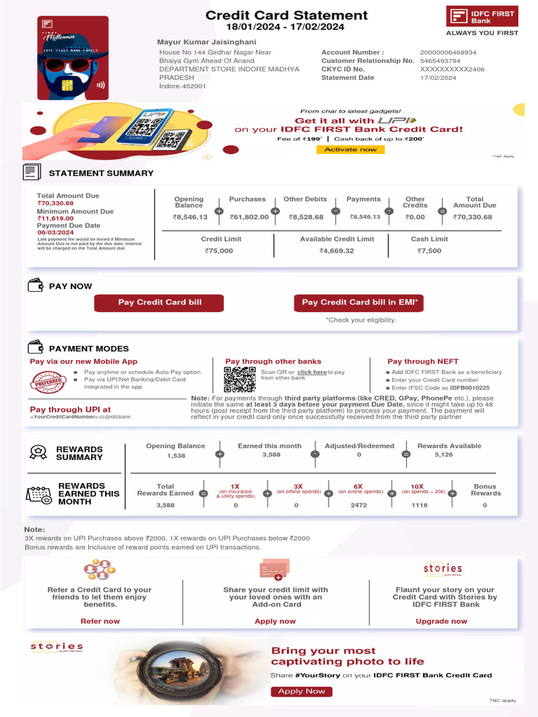 IDFC FIRST Bank - Credit Card - Statement - 17022024 | PDF | Credit Card | Fee