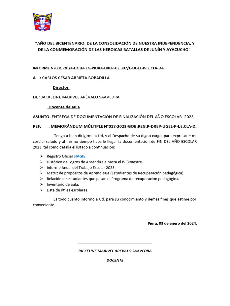 Informe de Entrega de Documentos 2023 | PDF