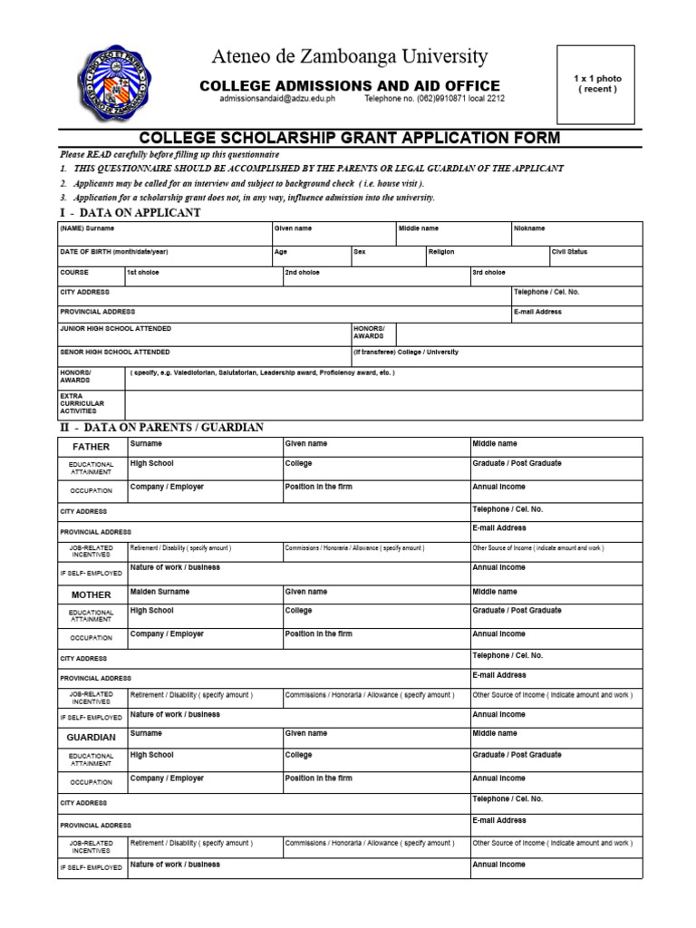 College Scholarship Application Form | PDF | Student Financial Aid In ...
