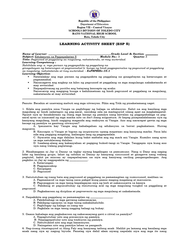 Learning Activity Sheet (Esp 8) | PDF