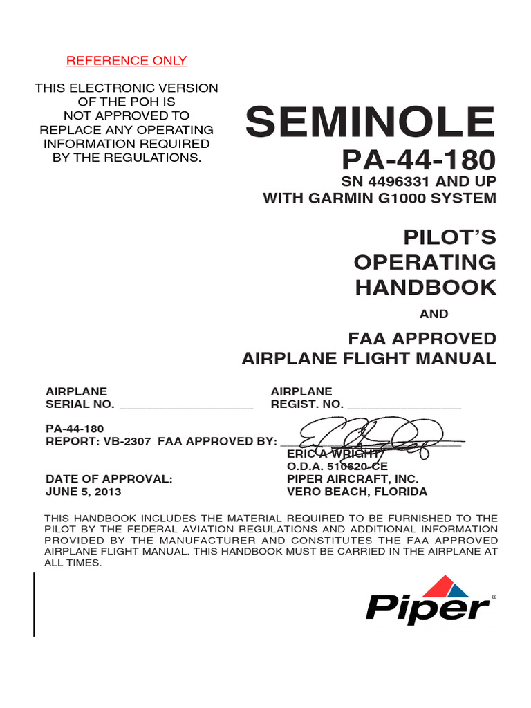 Piper PA-44-180 Seminole Pilot's Operating Handbook | PDF | Airspeed | Aircraft