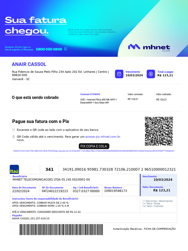 Fatura Mhnet Telecom | PDF | Tecnologia da Informação e Comunicação ...