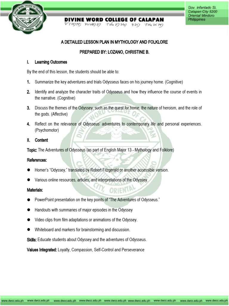 Odysseus Adventures Lesson Plan | PDF | Odyssey | Odysseus