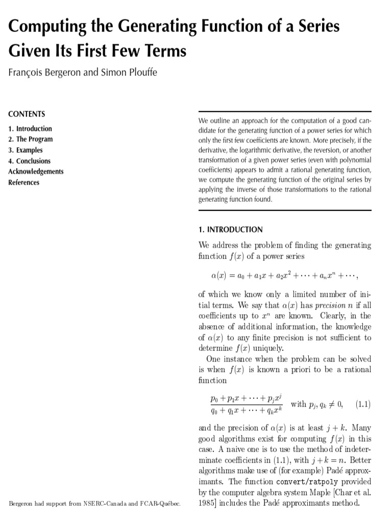 Computing The Generating Function of A Series Given The First Few Terms 1991 | PDF | Function ...