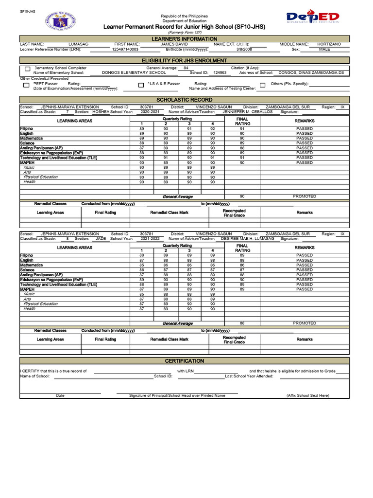 Junior High School Learner Record SF10 | PDF