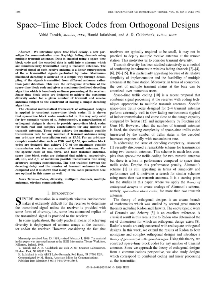 Space-Time Block Codes From Orthogonal Designs | PDF | Matrix (Mathematics) | Complex Number