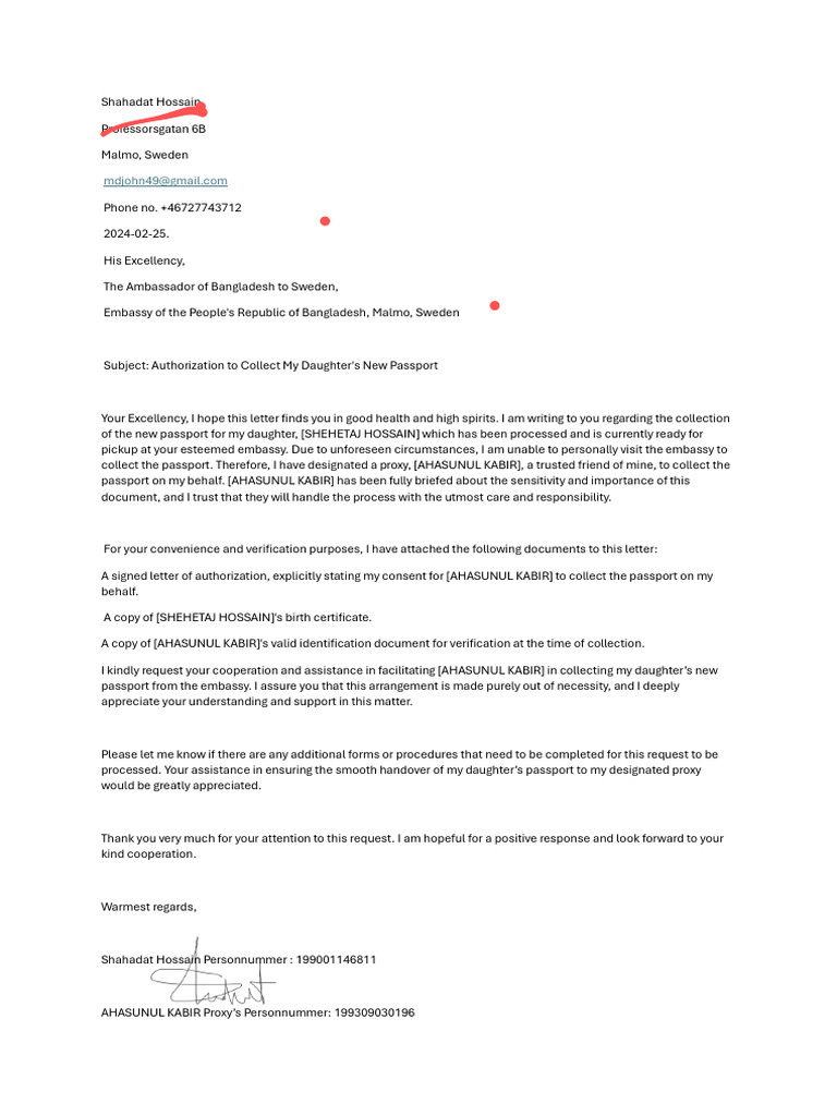 Passport Collection Authorization Letter | PDF | Passport | Birth ...