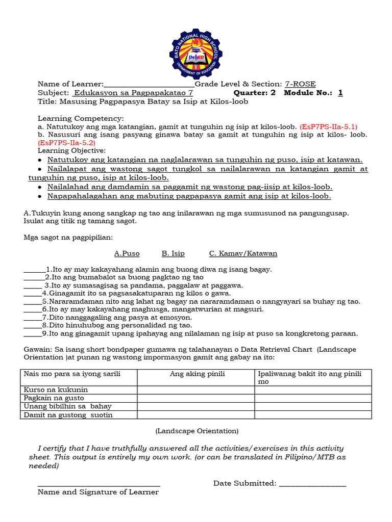 Esp7 Q2 Mod1 Activity Sheet | PDF