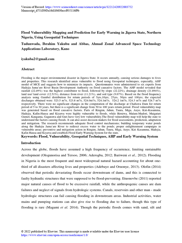 Flood Vulnerability Mapping and Prediction For Early Warning in Jigawa ...
