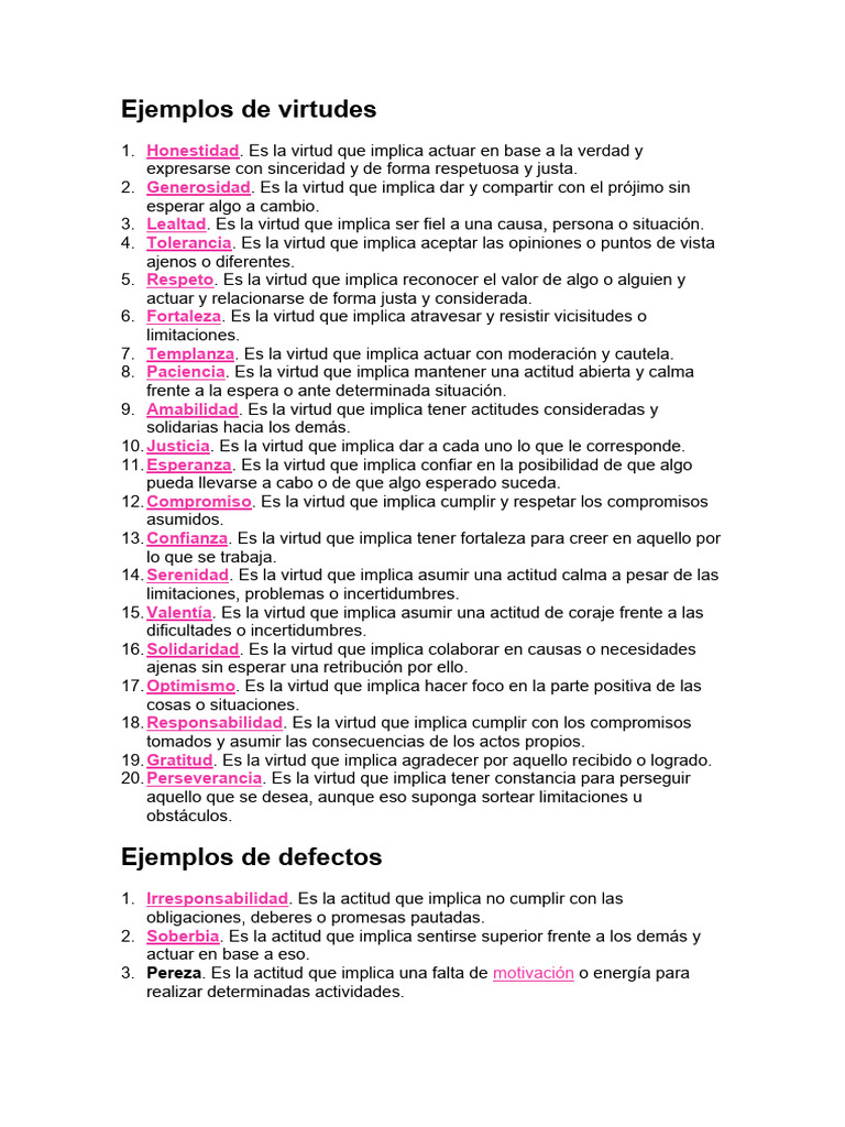 Ejemplos Virtudes y Defectos | PDF | Valor | Virtud