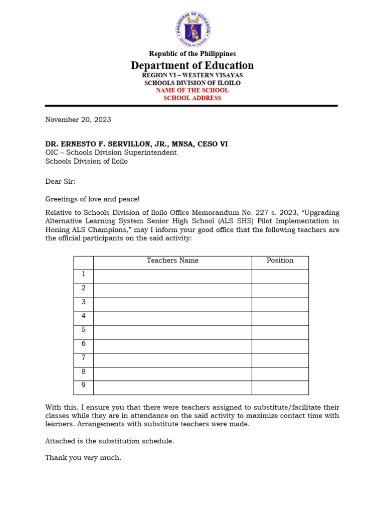 Letter To SDS and Substitution Schedule 2 | PDF | Philippines