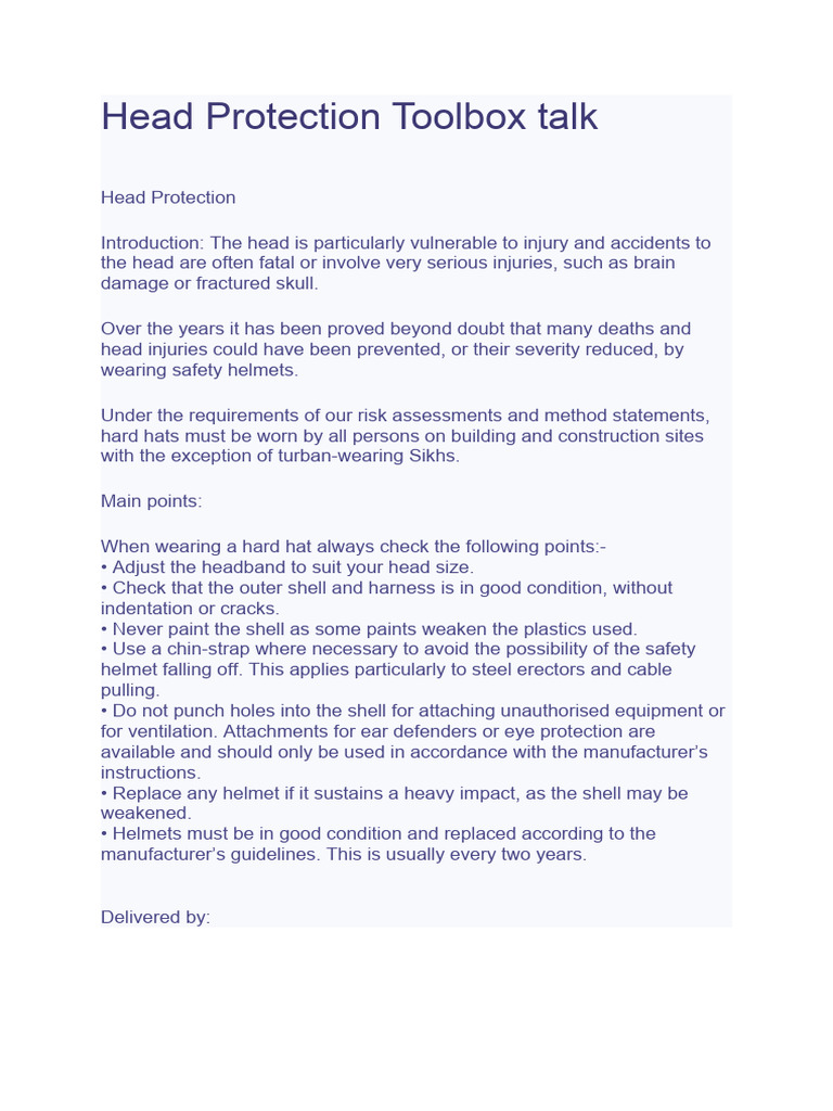 Head Protection Toolbox Talk | PDF | Business | Home & Garden