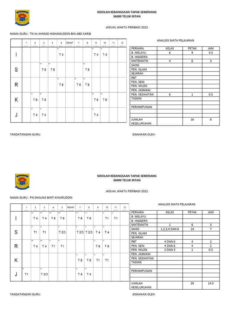 Buku Jadual Waktu Persendirian SKTS 2022 | PDF