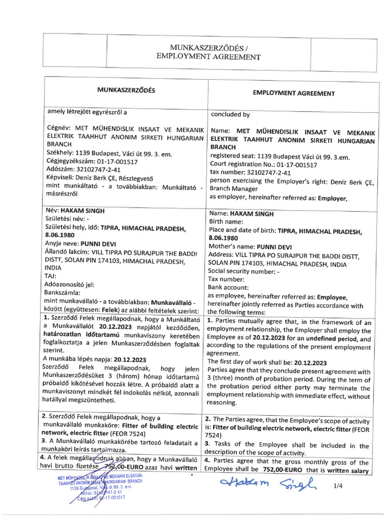 Work Contract - Sample HAKAM SINGH | PDF