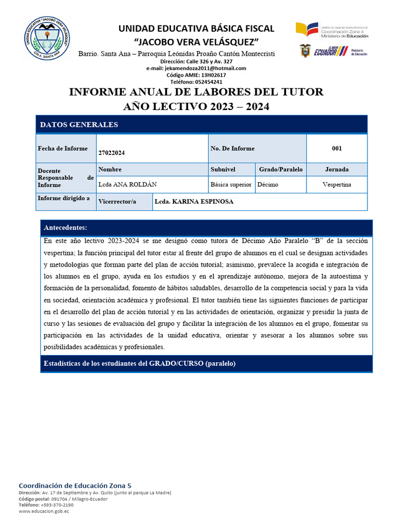 Ana Roldán - Informe Anual de Labores Del Docente Tutor | PDF | Modificación de comportamiento ...