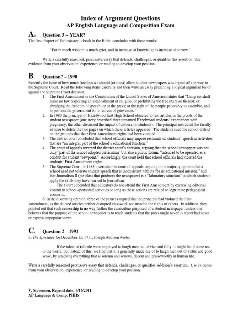 Index of Ap Lang Argument Questions | PDF | First Amendment To The ...