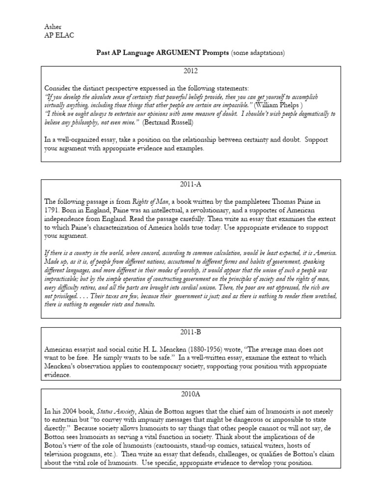 AP Language Argument Prompts - Some Adaptions - 1-1 | PDF | Politics