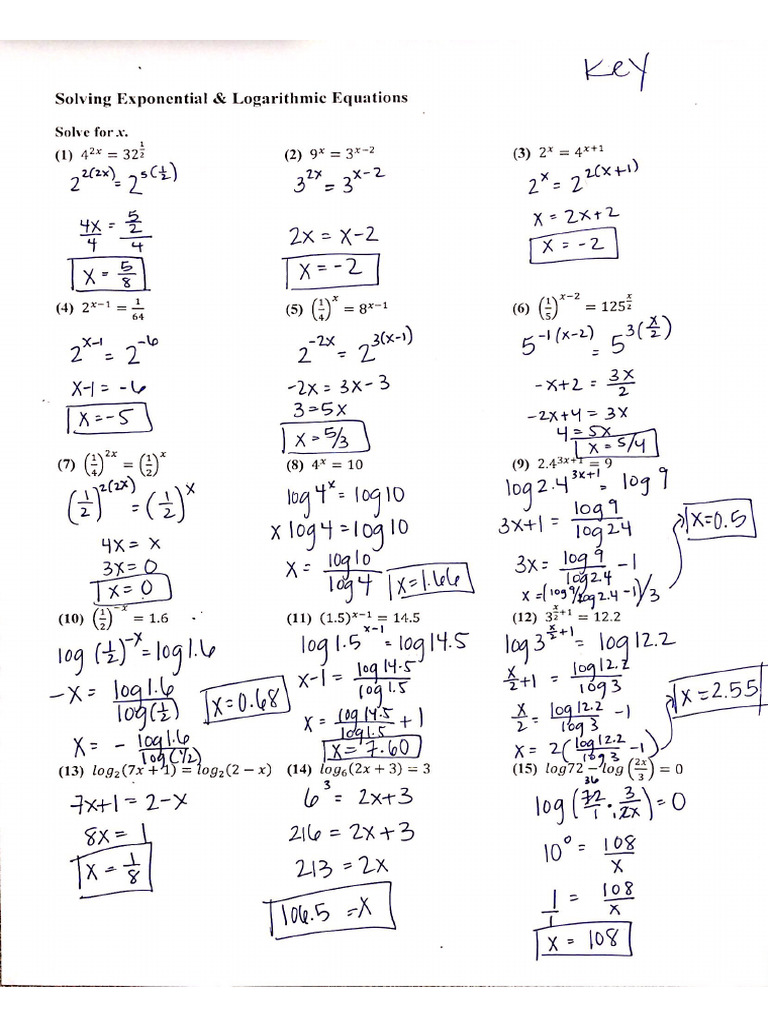 Solving Exp and Log Equations Key | PDF